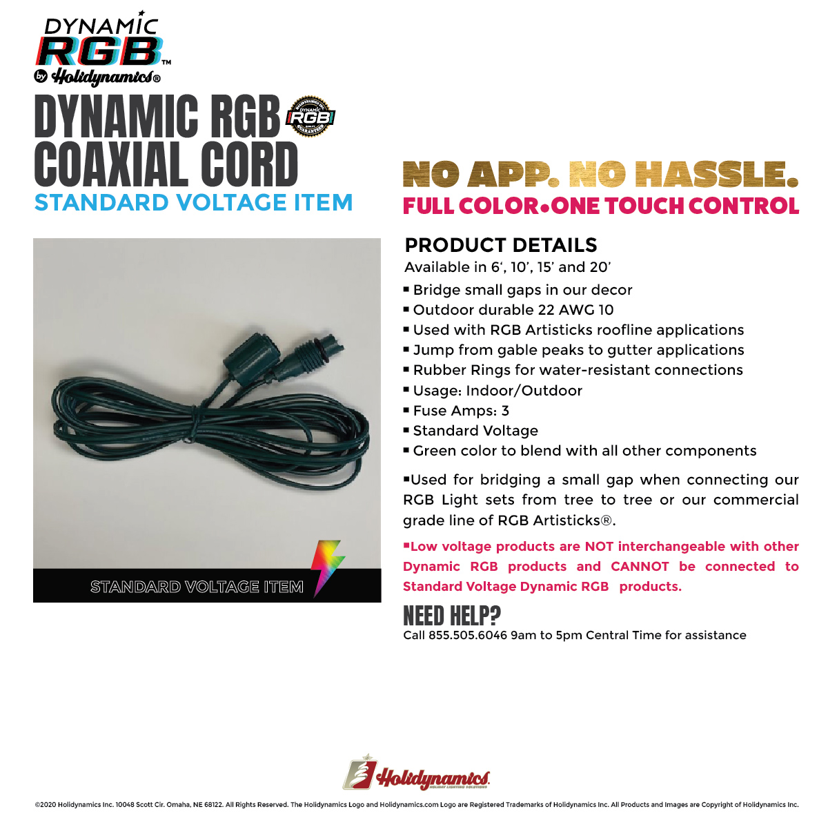 Holidynamics - Coaxial Extension Cord 12', Coaxial RGB light sets