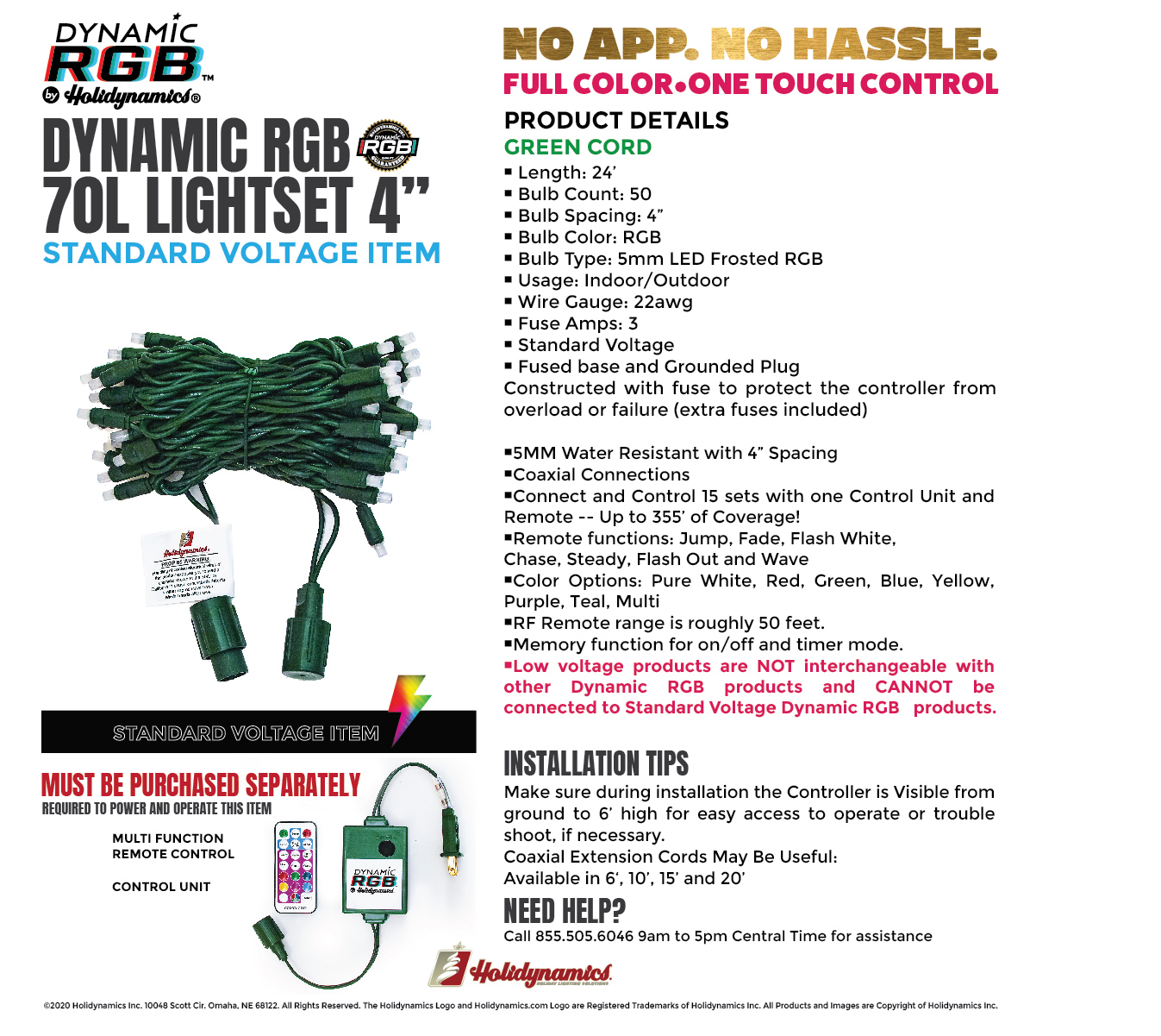 Holidynamics - Dynamic RGB 5MM 70 Count, 4" spacing, Green Cord