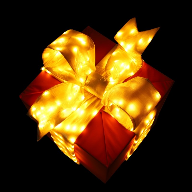 Holidynamics - 18" Nylon Red Gift Box with Gold Lighted Bow