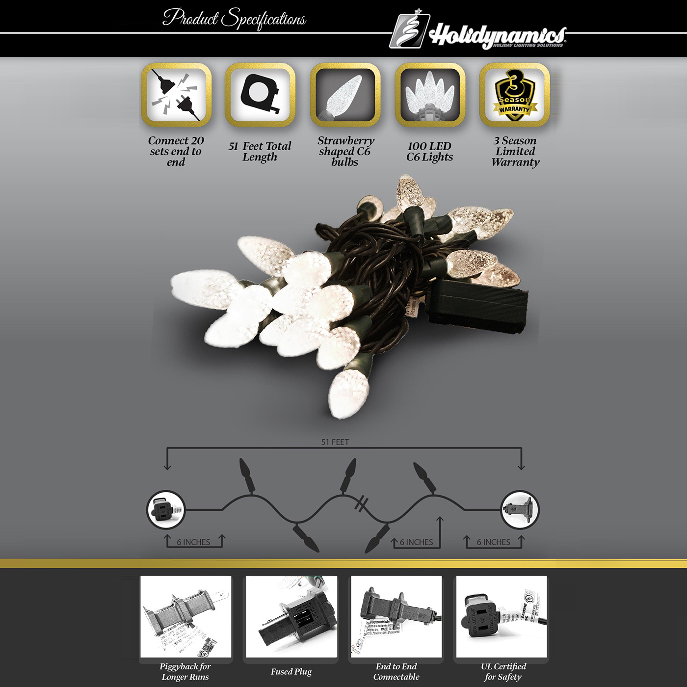 Holidynamics - C6 100L 6" Spacing LED Light Set Blue & Pure White Frost